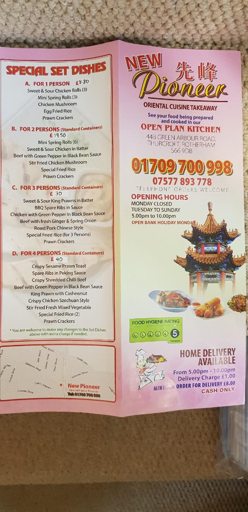 Menu at New Pioneer Takeaway restaurant, Rotherham