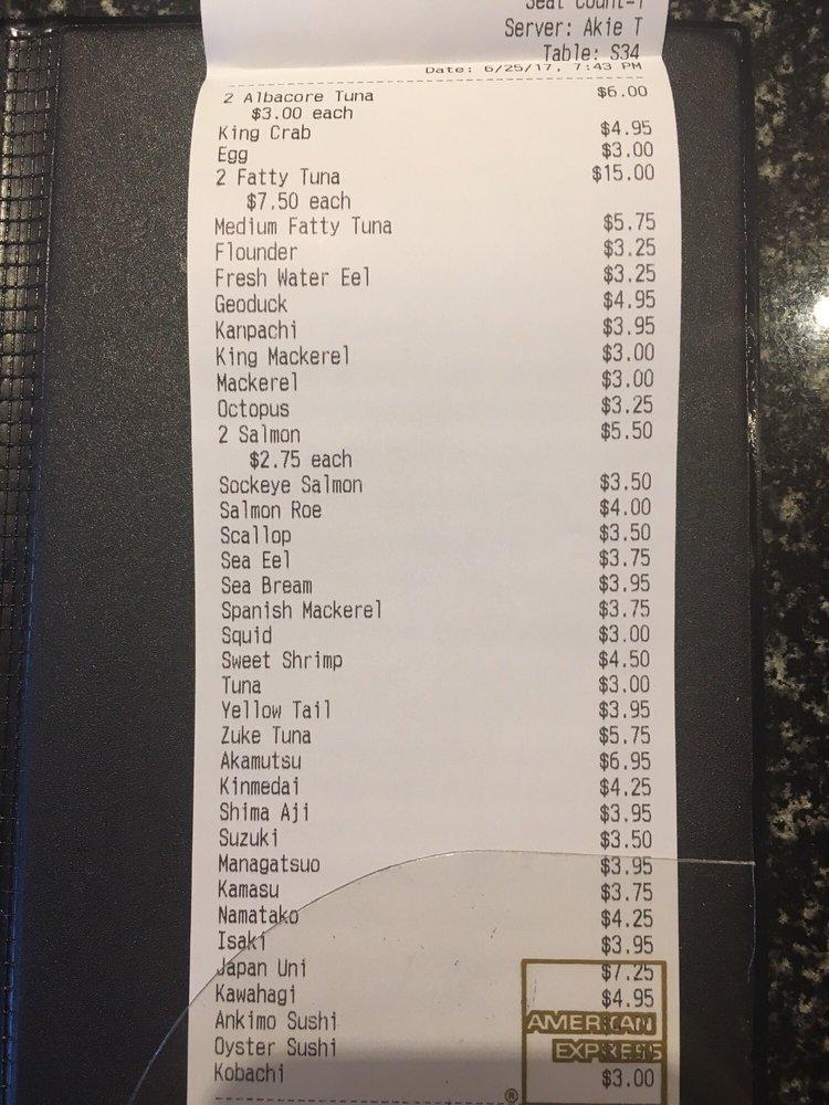 Menu at Shiro's Sushi restaurant, Seattle