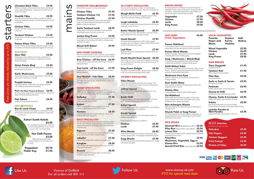 Menu at The Viceroy Duffield restaurant, Duffield, 2B Tamworth St