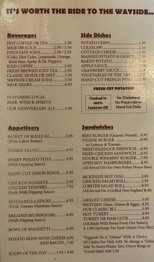 Menu at Wayside Restaurant, Bakery & Creamery, Montpelier