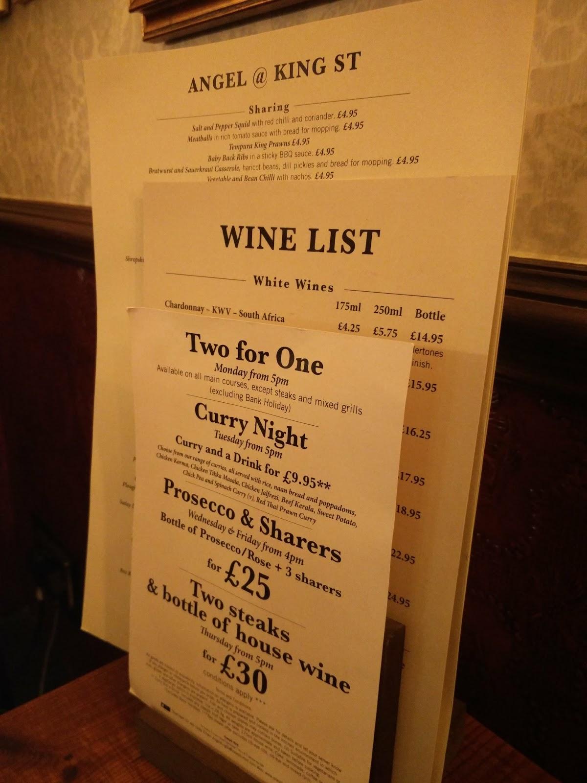 Menu at Angel at King St. restaurant, Knutsford
