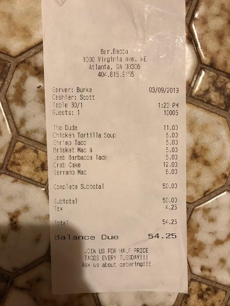 Menu at Bar.bacoa, Atlanta