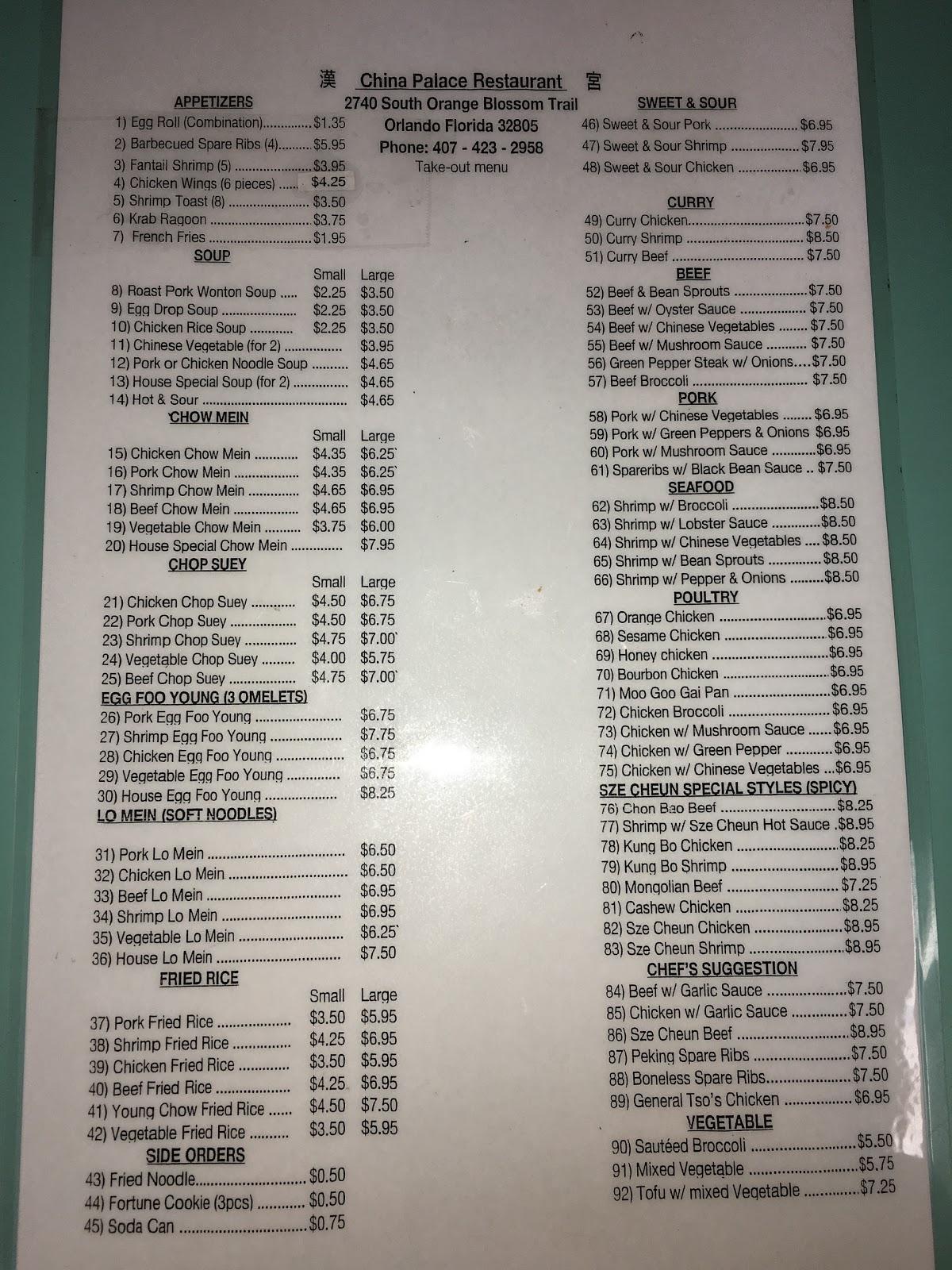 Menu at China Palace restaurant, Orlando, S Orange Blossom Trl
