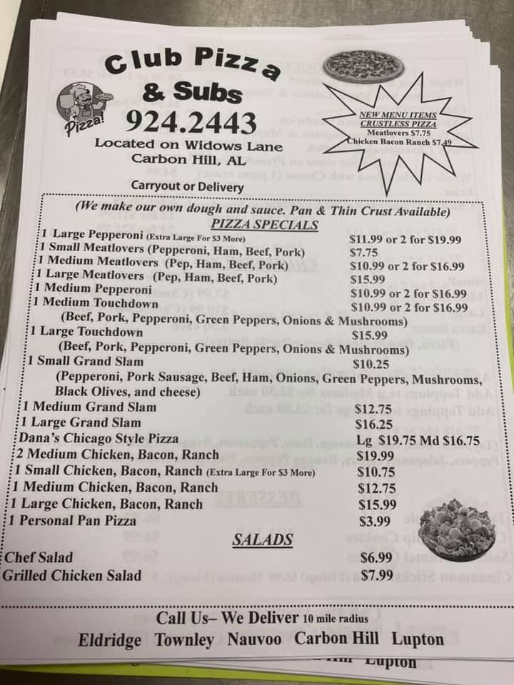 Menu at Club Pizza, Carbon Hill, 166 NE 7th St