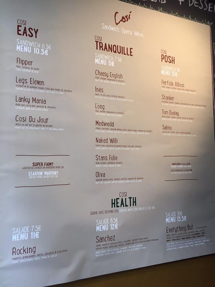 Menu at Cosi restaurant, Paris, 54 Rue de Seine