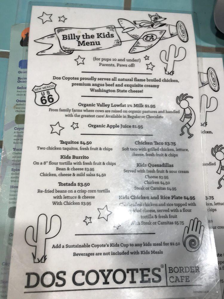 Menu at Dos Coyotes Border Cafe, San Ramon