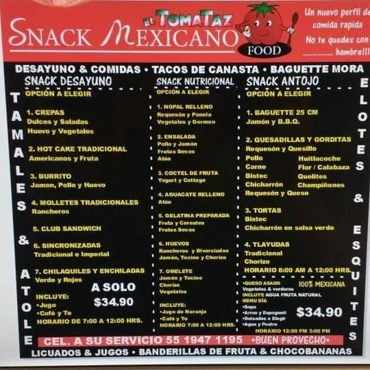 Menu at El Tomatazo Food Snack Mexicano. restaurant, Tultepec