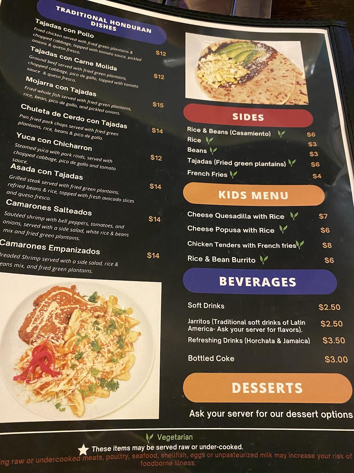 Menu at El aguila honduran kitchen restaurant, Arden