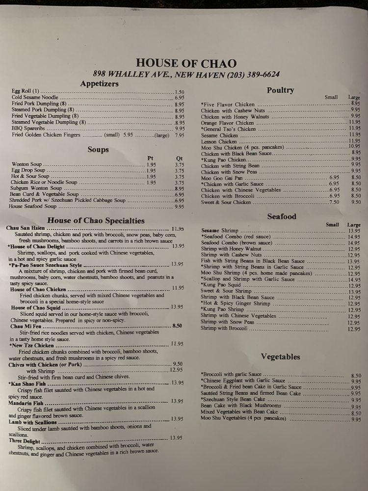 Menu at House of Chao Rest. TAKEOUT ONLY restaurant, New Haven
