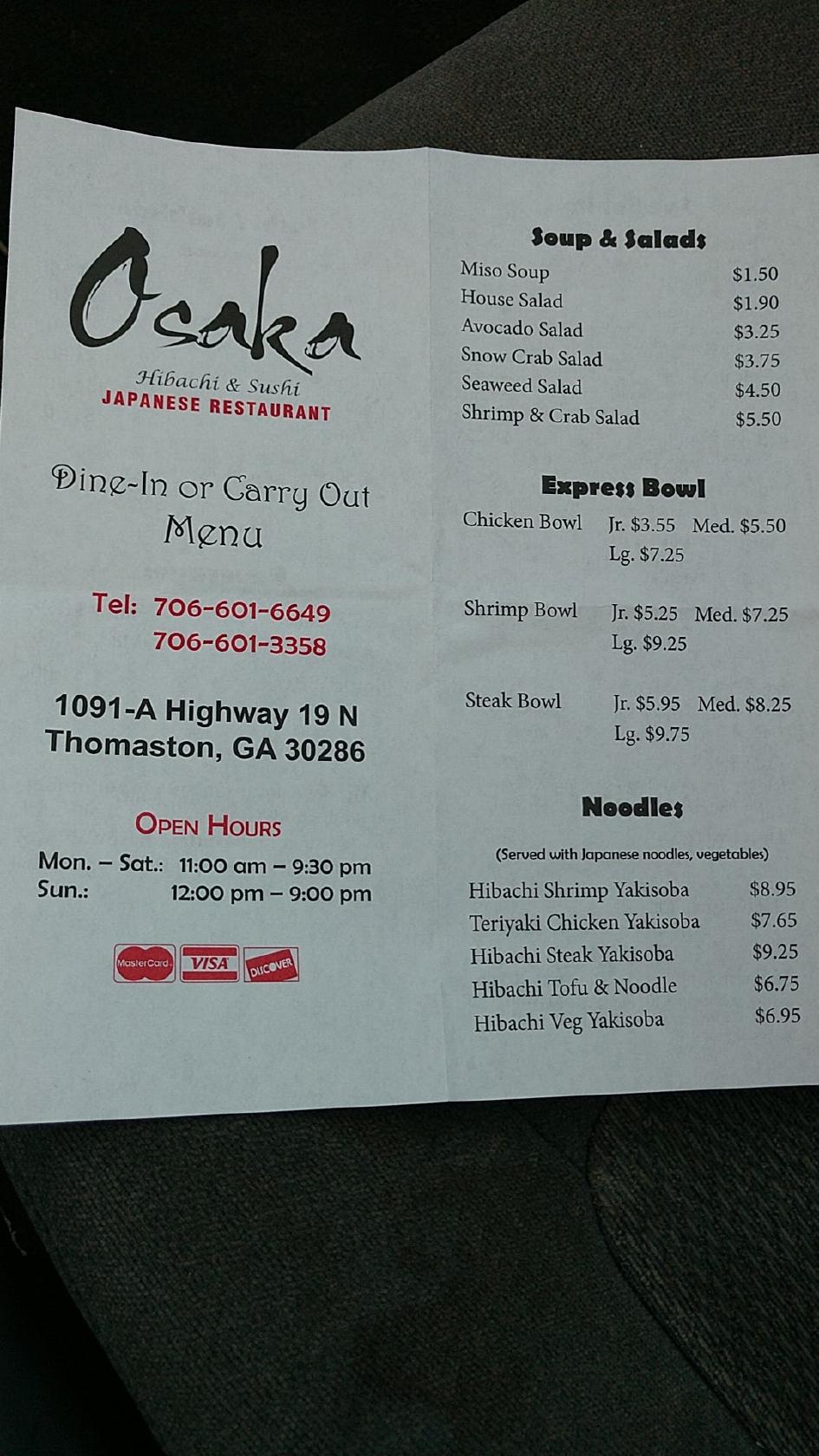Menu at Osaka Hibachi & Sushi restaurant, Thomaston