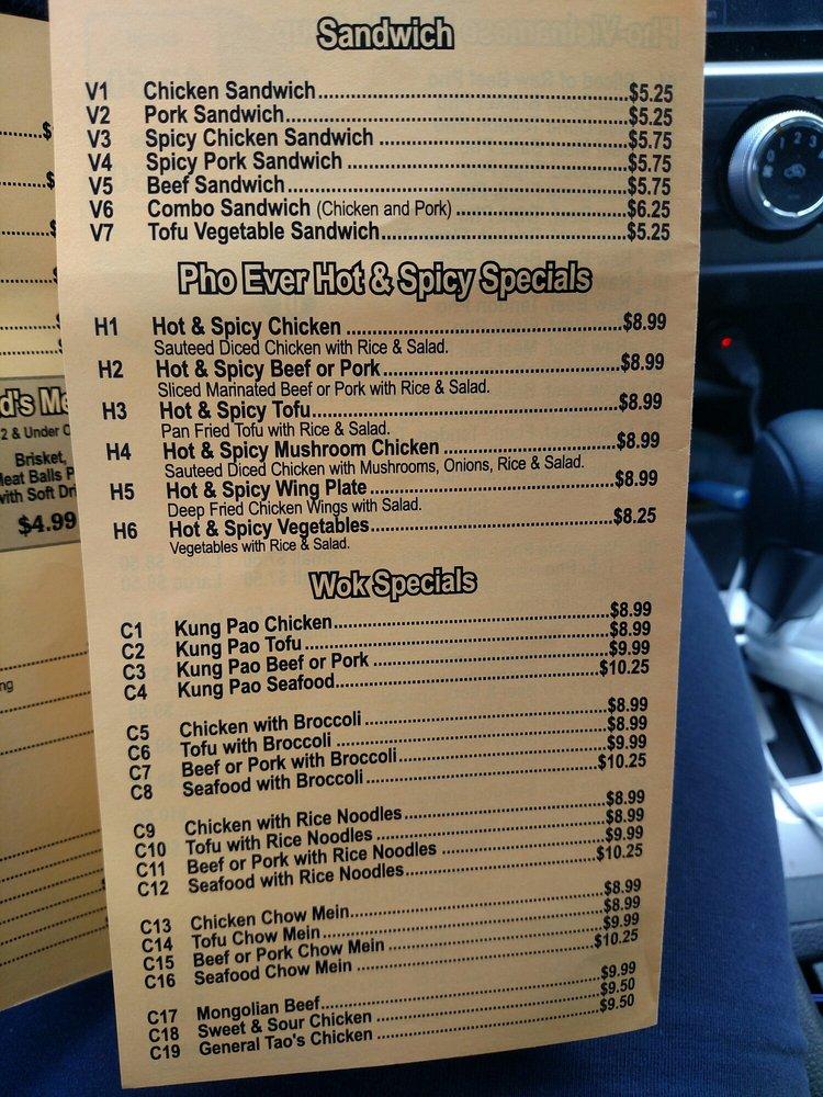 Menu at Pho Ever Vietnamese Cuisine restaurant, Longview