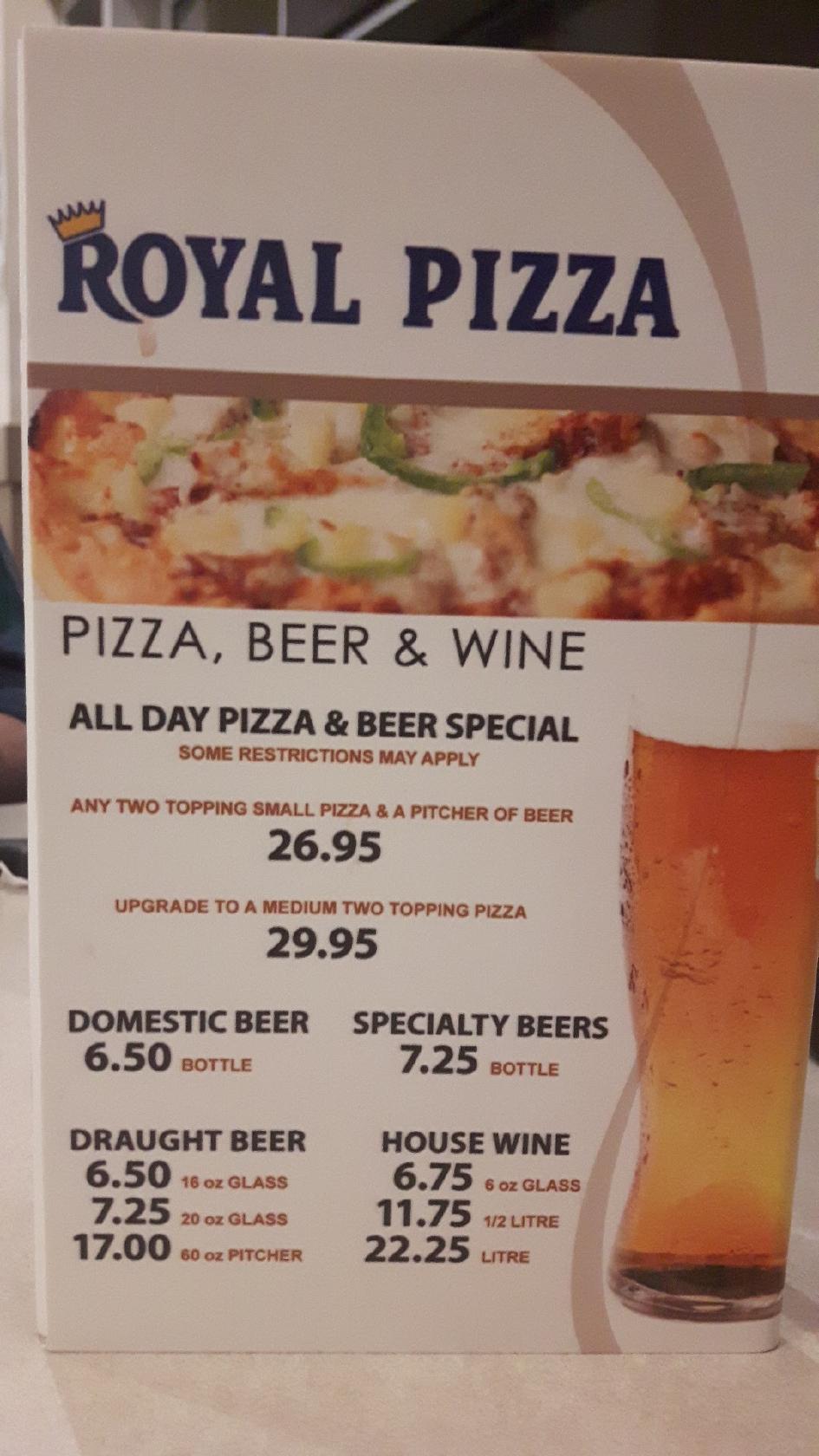 Menu at Royal Pizza pizzeria, Edmonton, 127 St NW