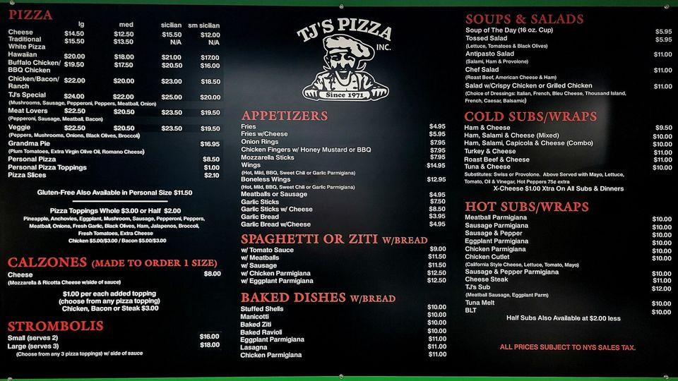 Menu at TJ’S PIZZA pizzeria, Poughkeepsie, 595 Main St