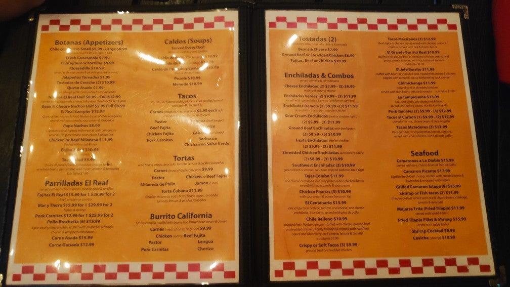 Menu at Taqueria El Real restaurant, Spring