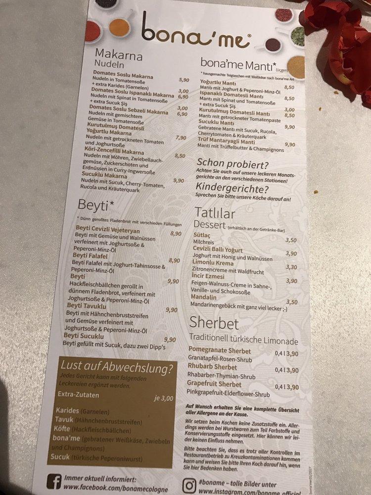 Menu at bona'me restaurant, Hamburg