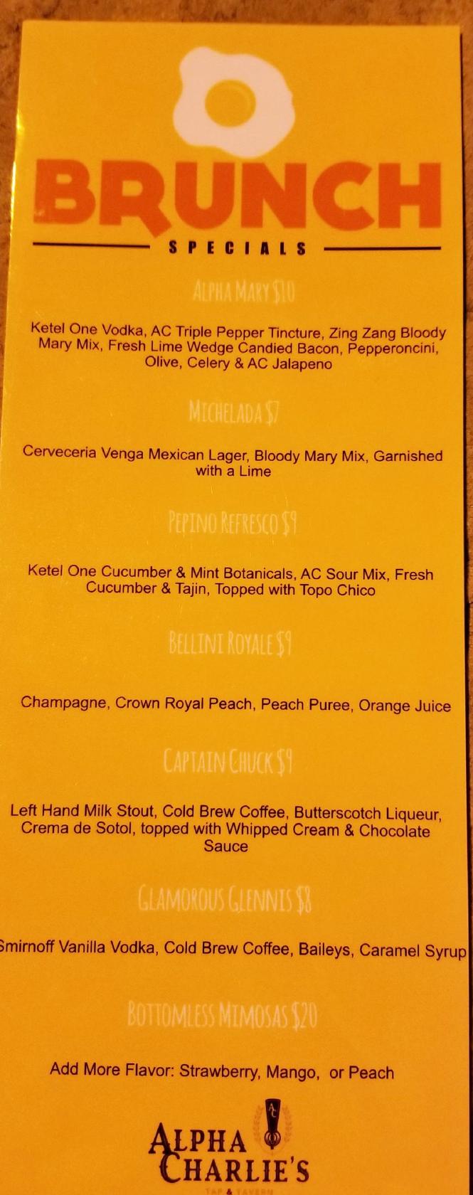 Carta del pub y bar Alpha Charlie's Tap & Tavern, Centennial