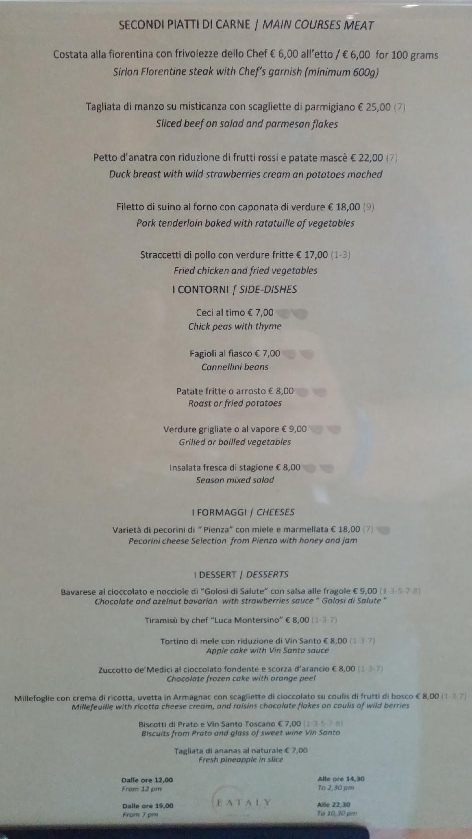 Menu at Assaggi Restaurant, Florence, Via di Novoli