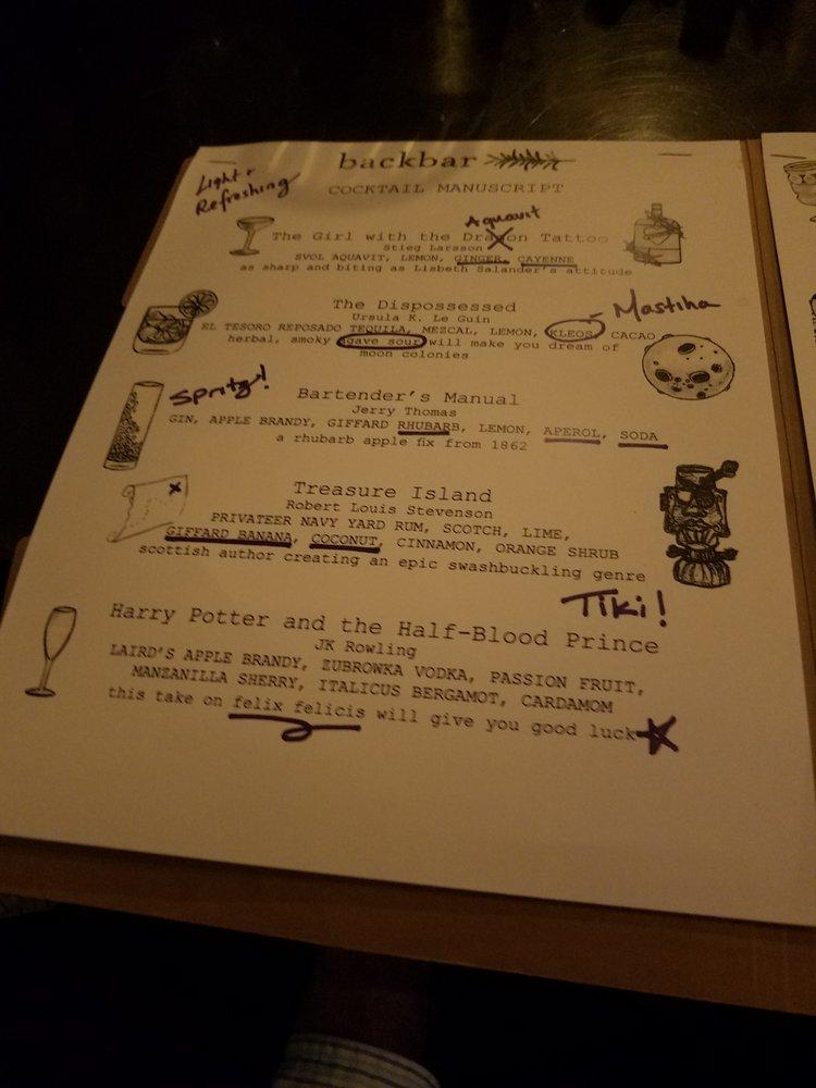 Menu at Backbar, Somerville