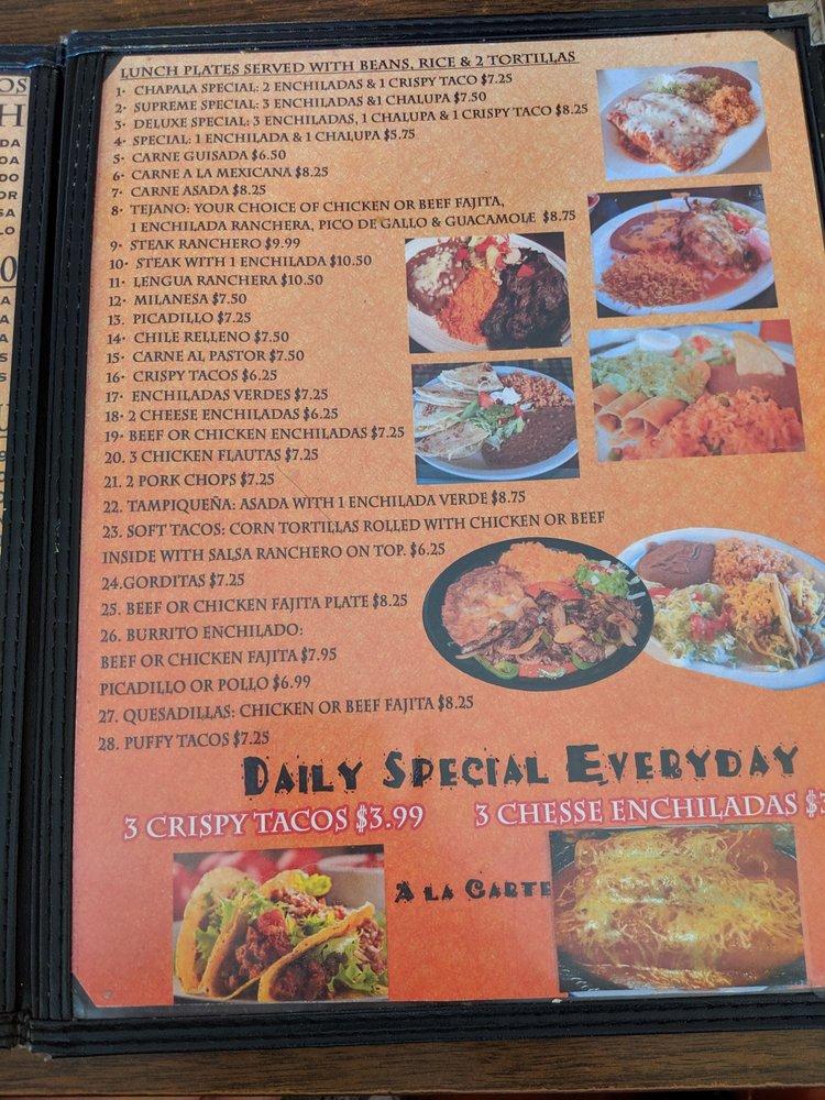 Menu at Chapala Taco House restaurant, San Antonio