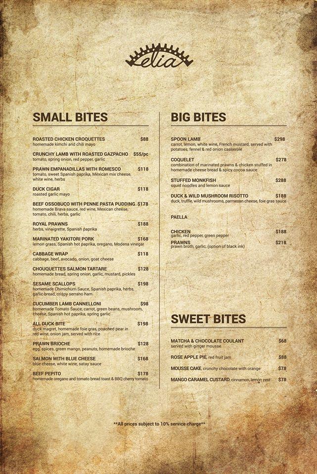 Menu at ELIA restaurant, Hong Kong