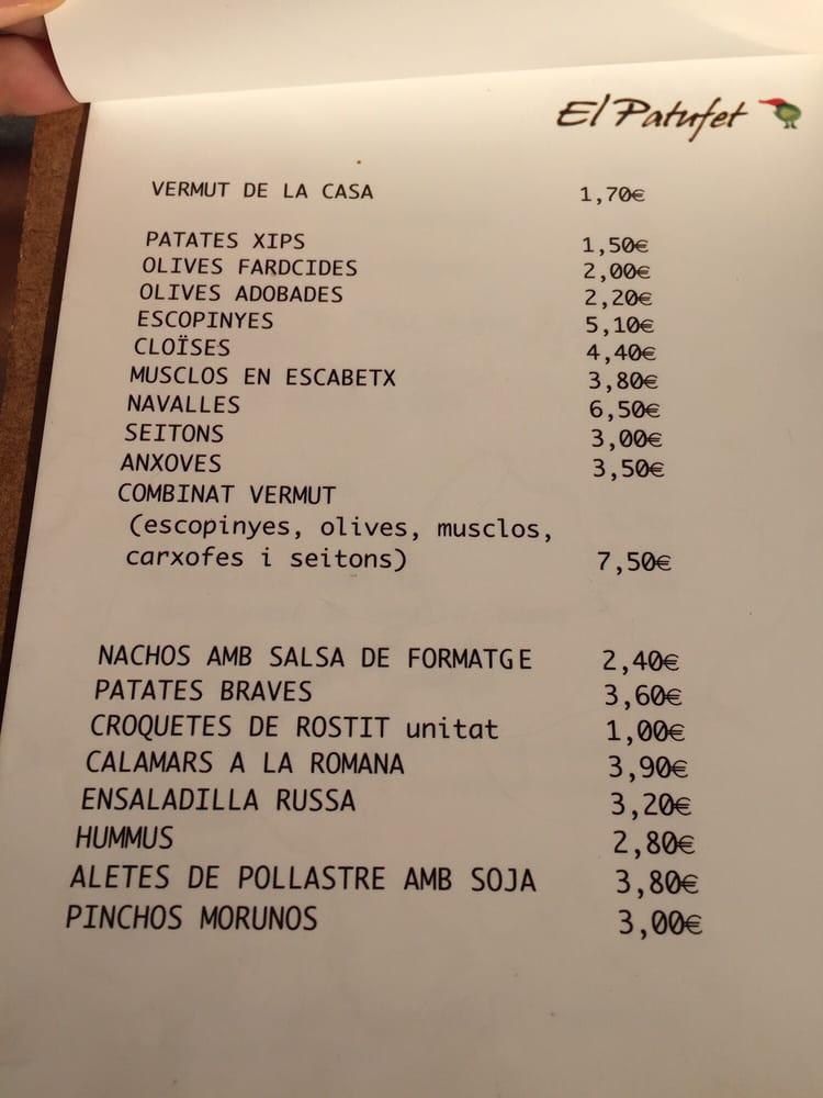 Carta de cafetería El Patufet, Granollers