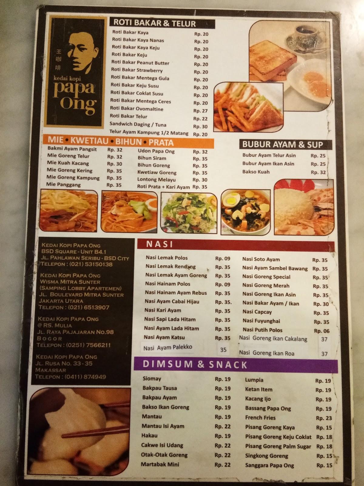 Menu at Kedai Kopi Papa Ong cafe, Makassar