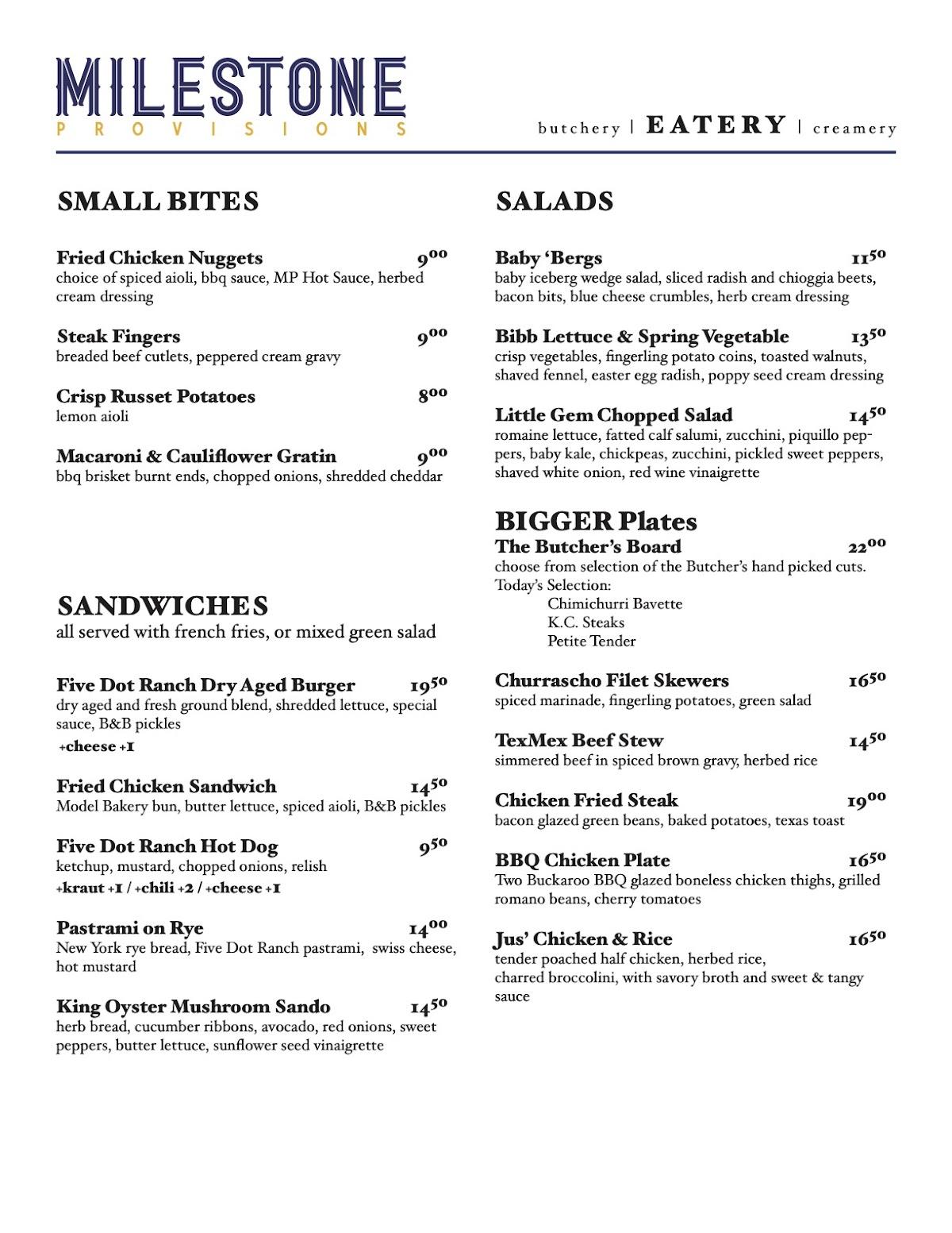 Menu at Milestone Provisions desserts, Napa