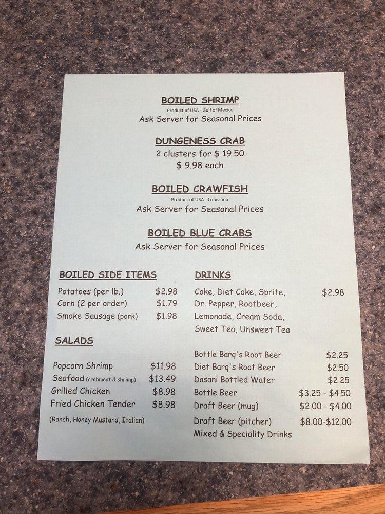 Menu at Perino's Boiling Pot restaurant, Harvey