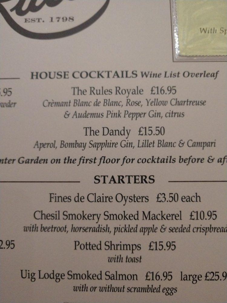 Menu at Rules pub & bar, London