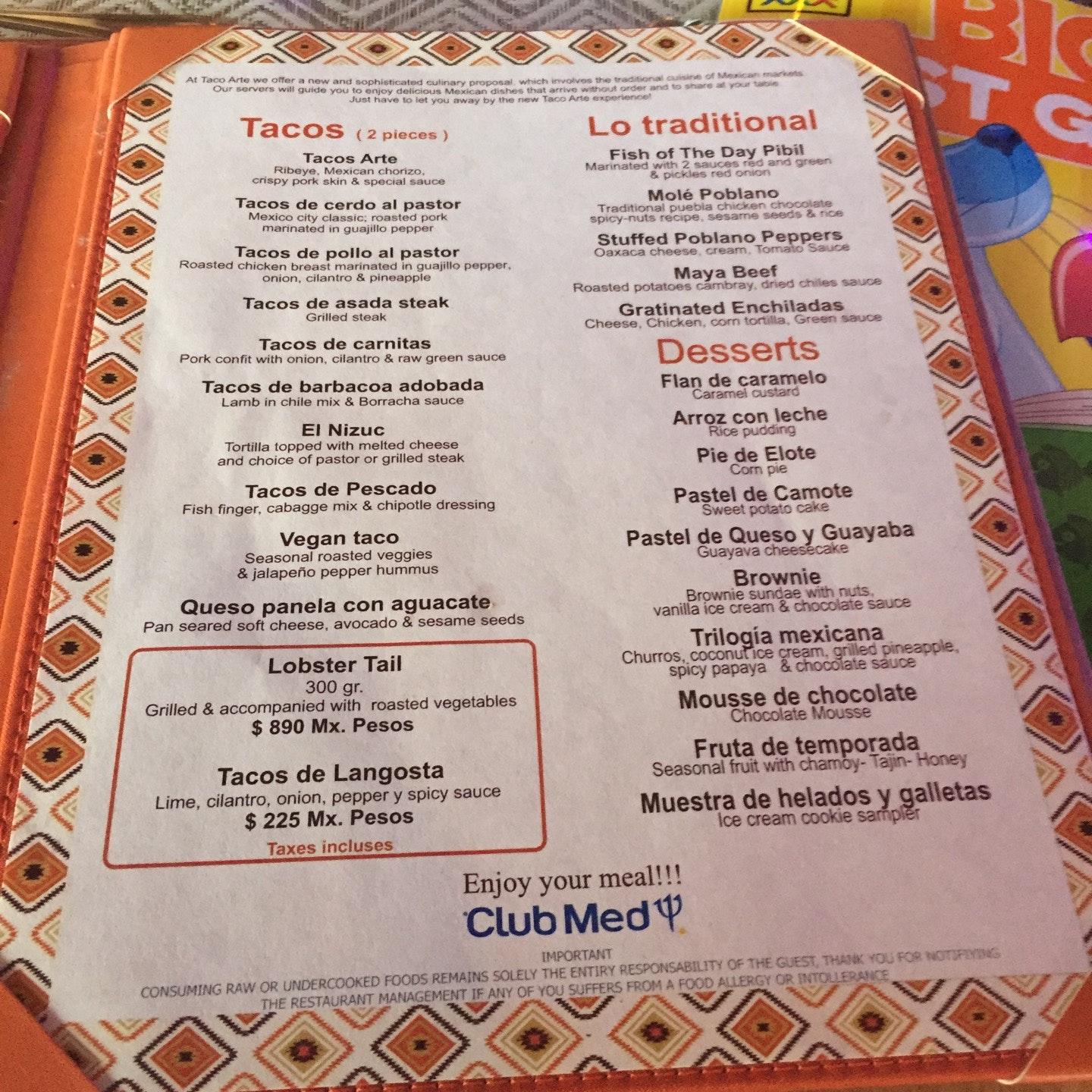 Menu at Taco Arte Restaurant at Club Med, Cancún