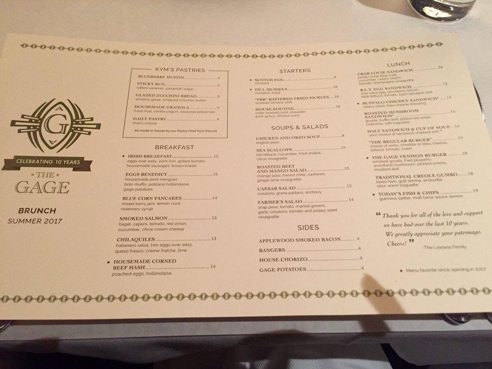 Menu at The Gage pub & bar, Chicago