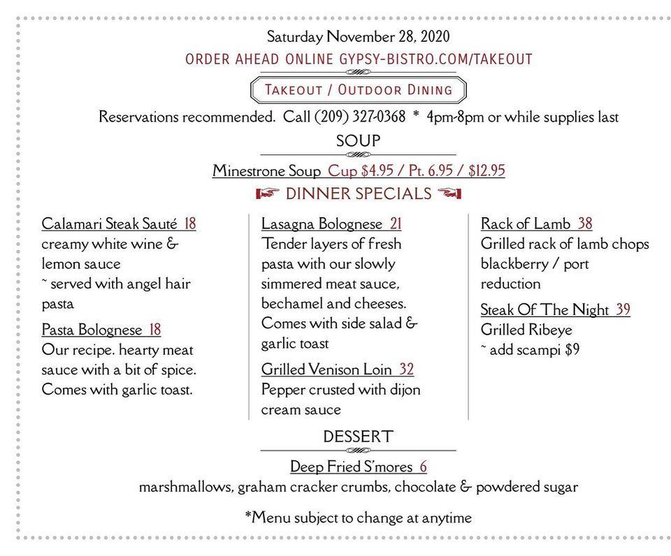 Menu at The Gypsy Bistro restaurant, Lockeford