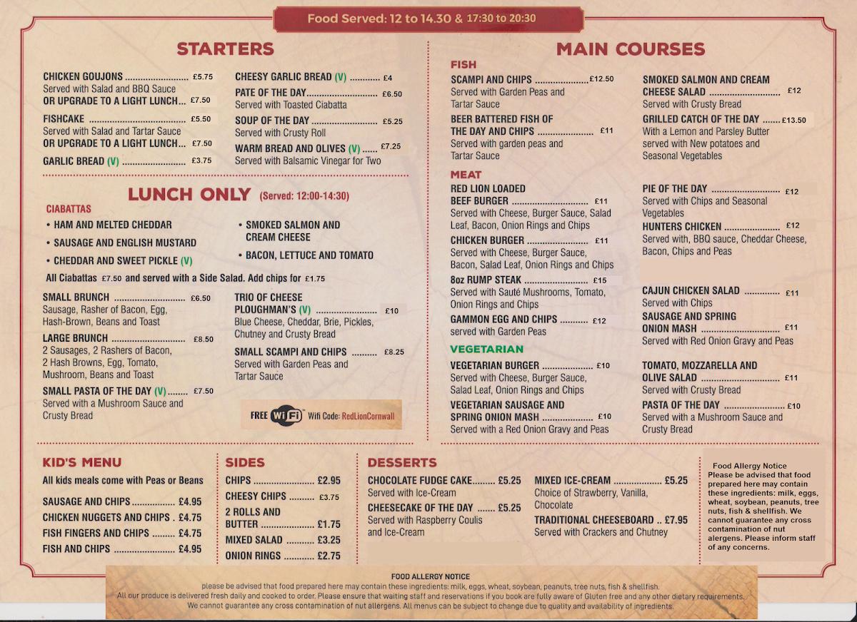 Menu at The Red Lion pub & bar, Falmouth