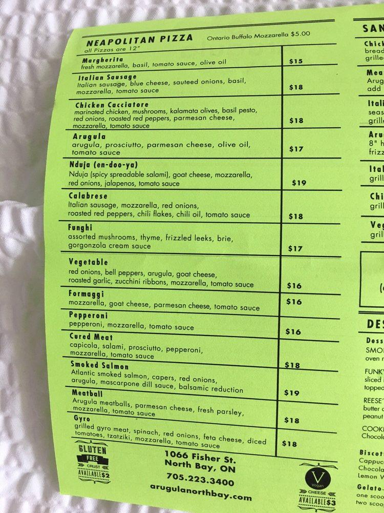 Menu at Arugula restaurant, North Bay