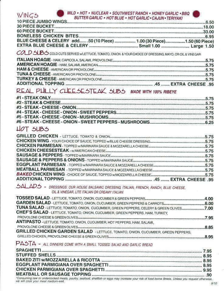 Menu at Bari Pizza, Pittston