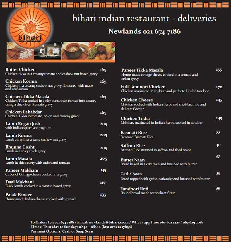 Menu at Bihari restaurant, Cape Town