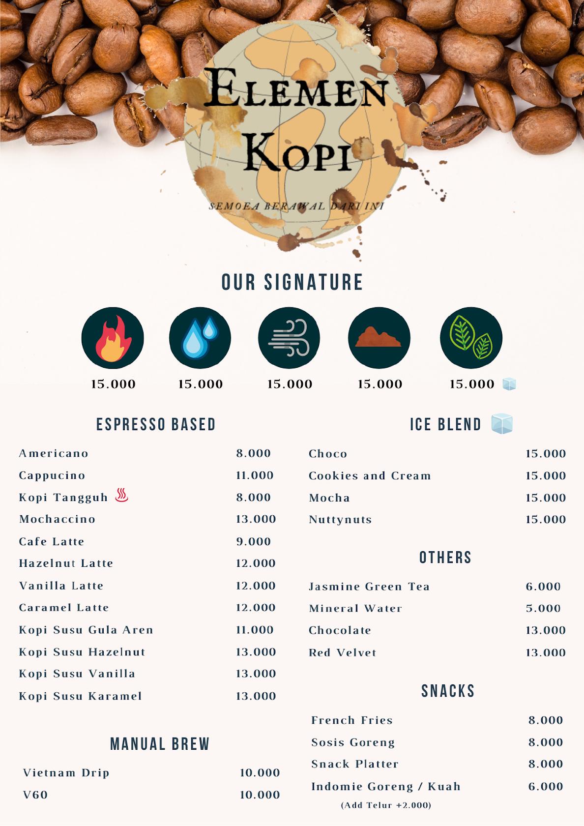 Menu at Elemen Kopi, Purwokerto
