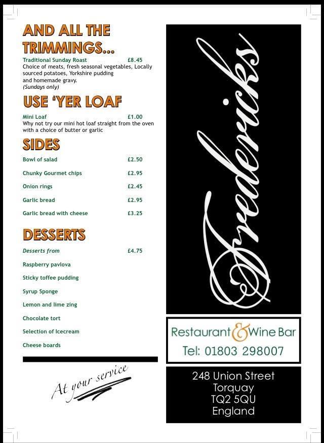 Menu at Fredericks restaurant, Torquay