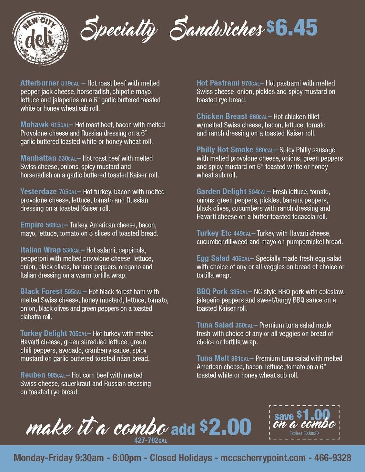 Menu at New City Deli, Marine Corps Air Station Cherry Point, Squirrel Road