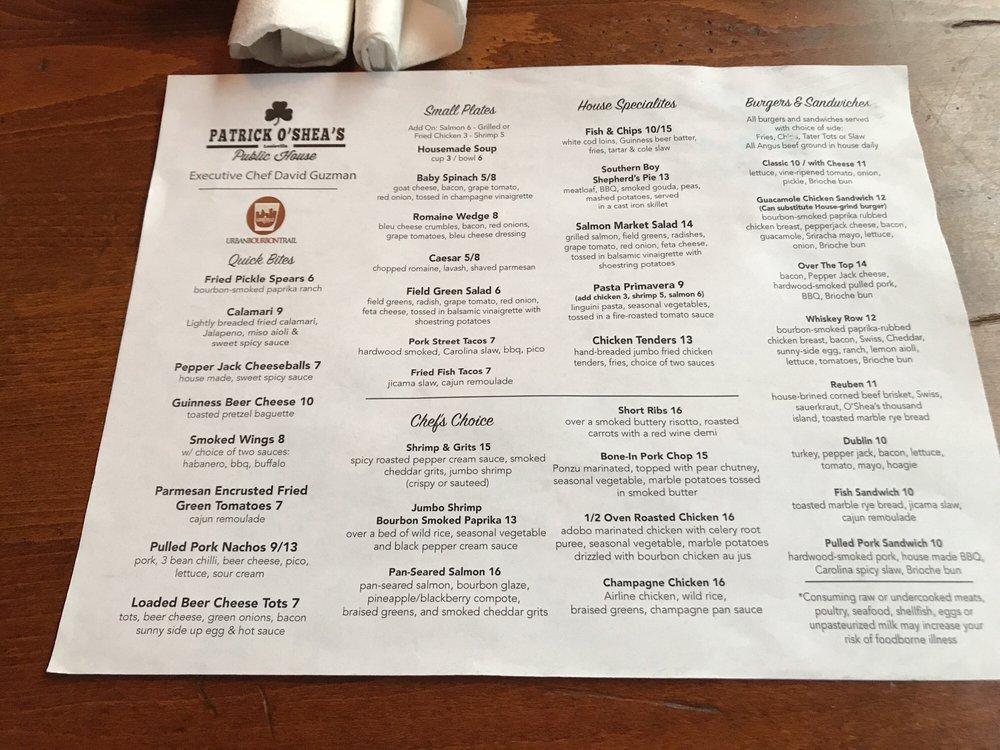 Menu at Patrick O'Shea's pub & bar, Louisville