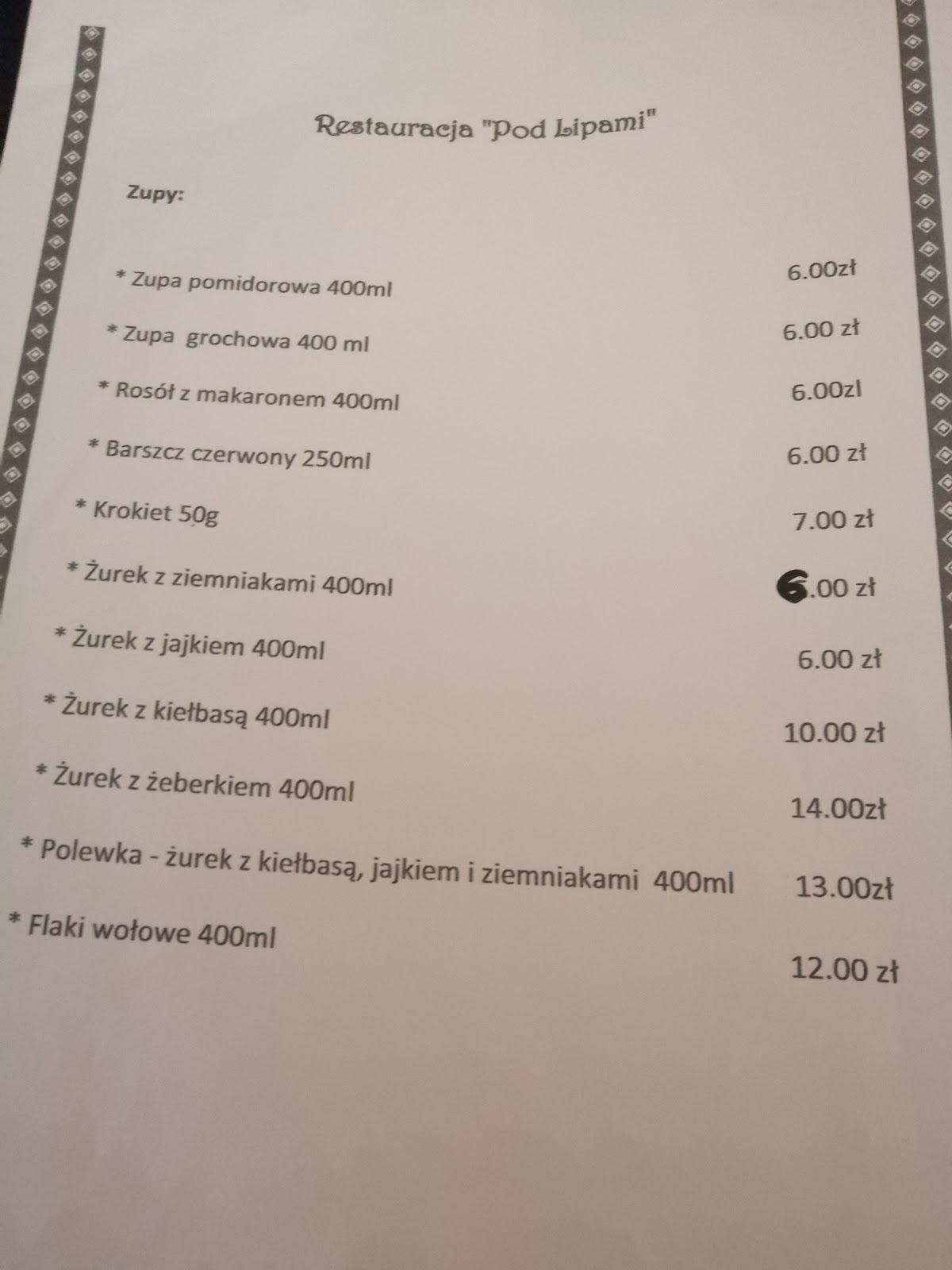 Menu at Pod Lipami restaurant, Zator