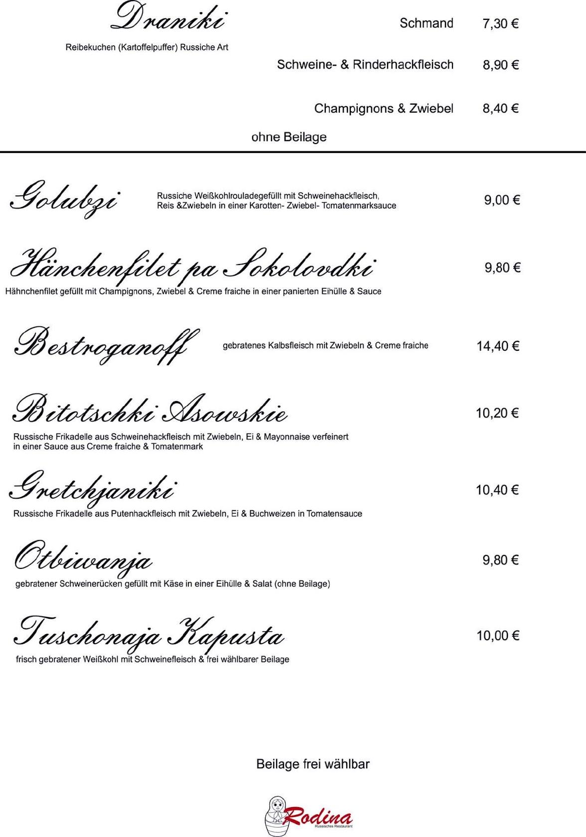 Speisekarte von Restaurant Rodina, Mittweida