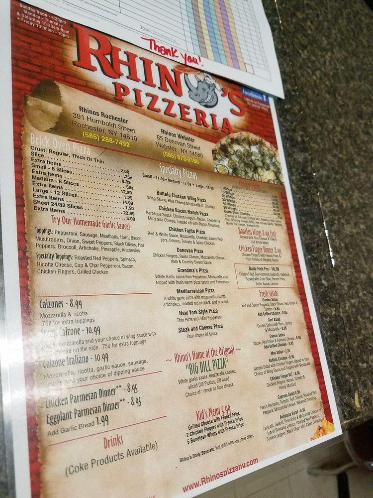 Menu at Rhino's Pizzeria, Rochester