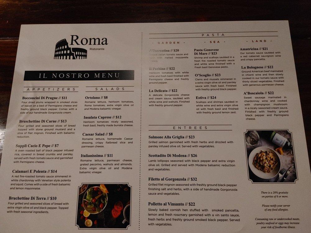 Menu at Ristorante Roma restaurant, Carmel