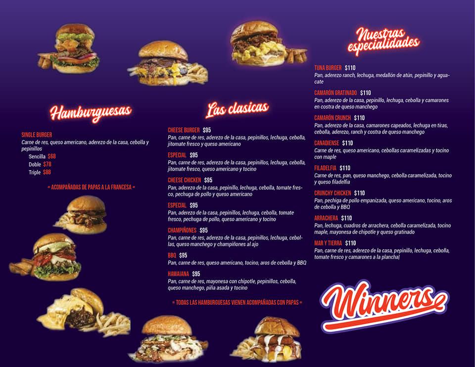 Menu at Winners restaurant, San Juan Cuautlancingo