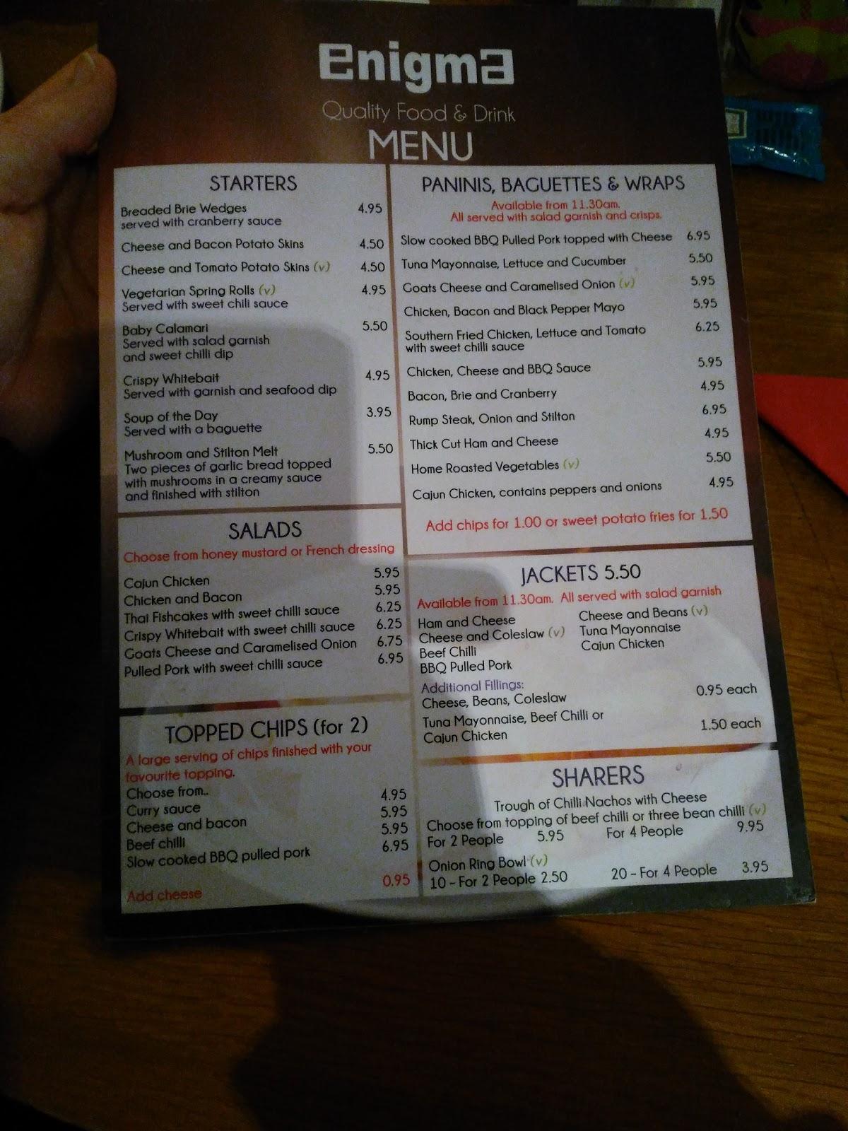 Menu at Enigma cafe, Market Harborough
