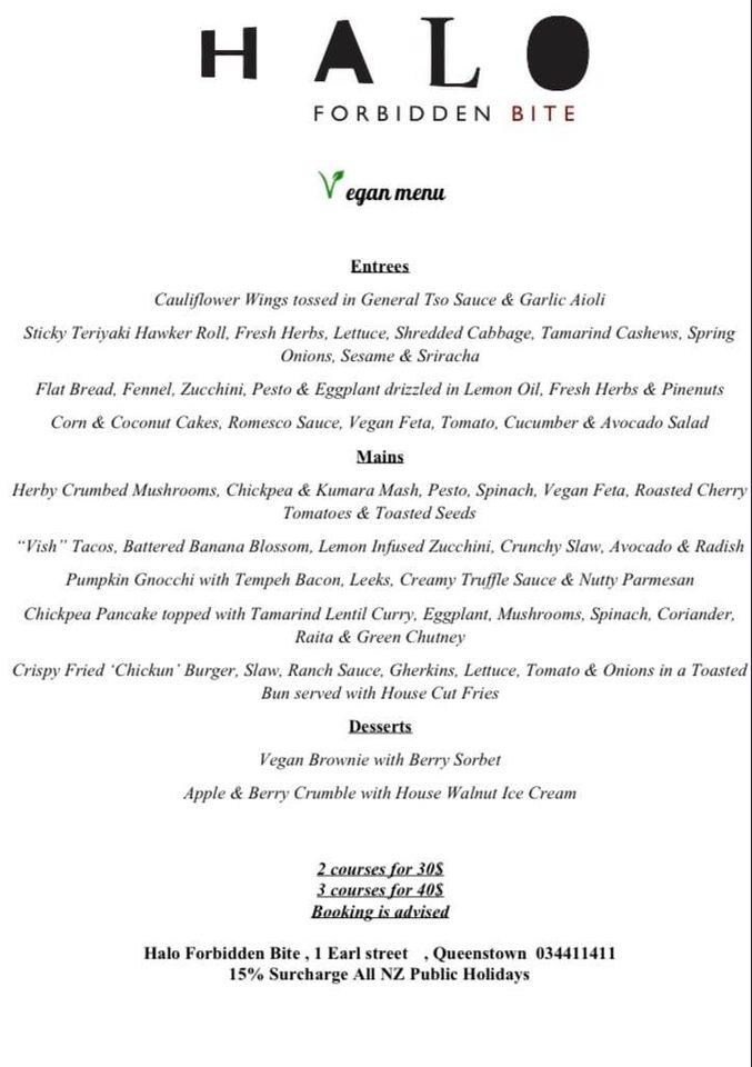Menu at Halo Forbidden Bite restaurant, Queenstown