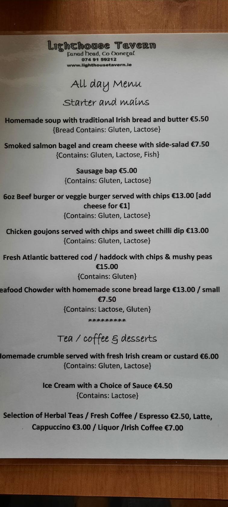 Menu at Lighthouse Tavern pub & bar, Ireland, Araheera Port Salon