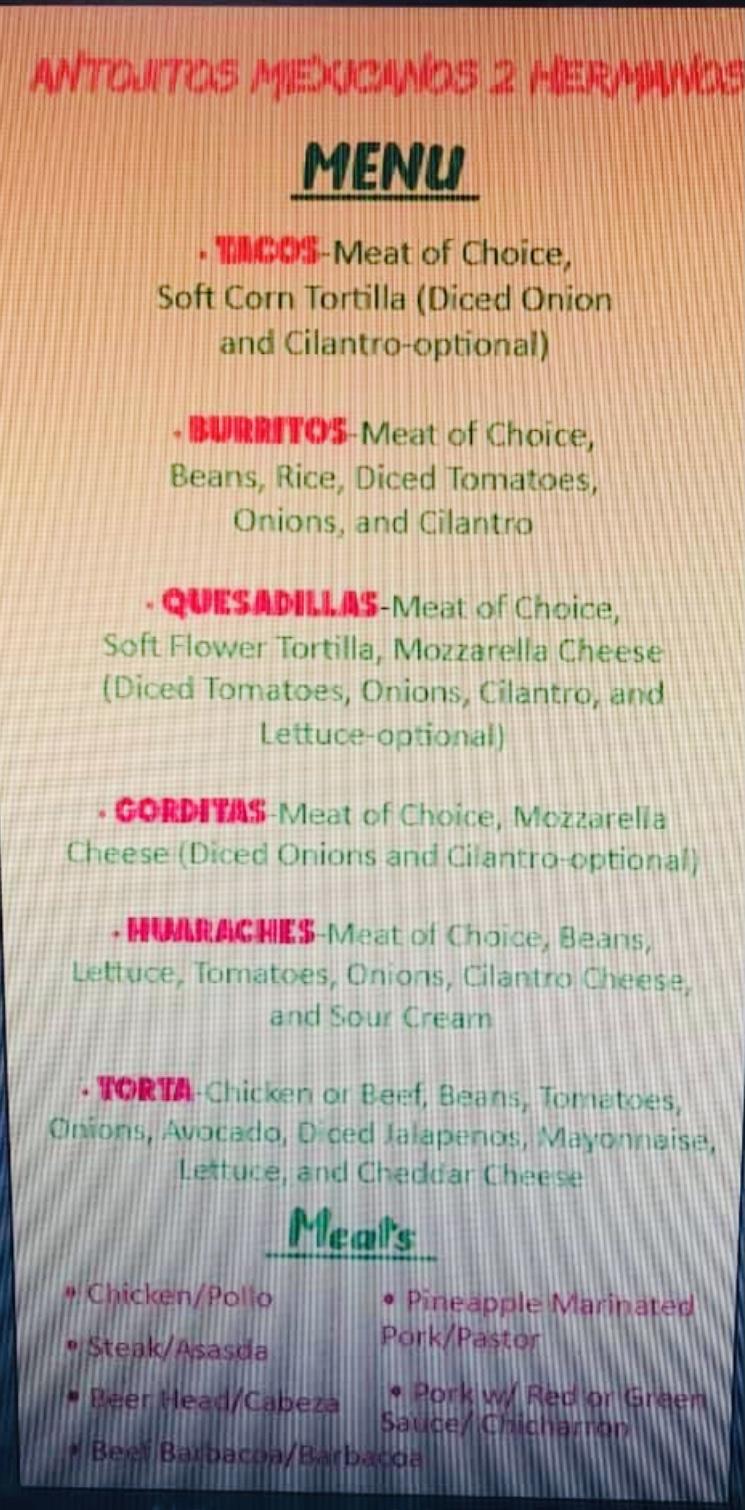 Menu at Antojitos Mexicanos 2 Hermanos restaurant, Conway