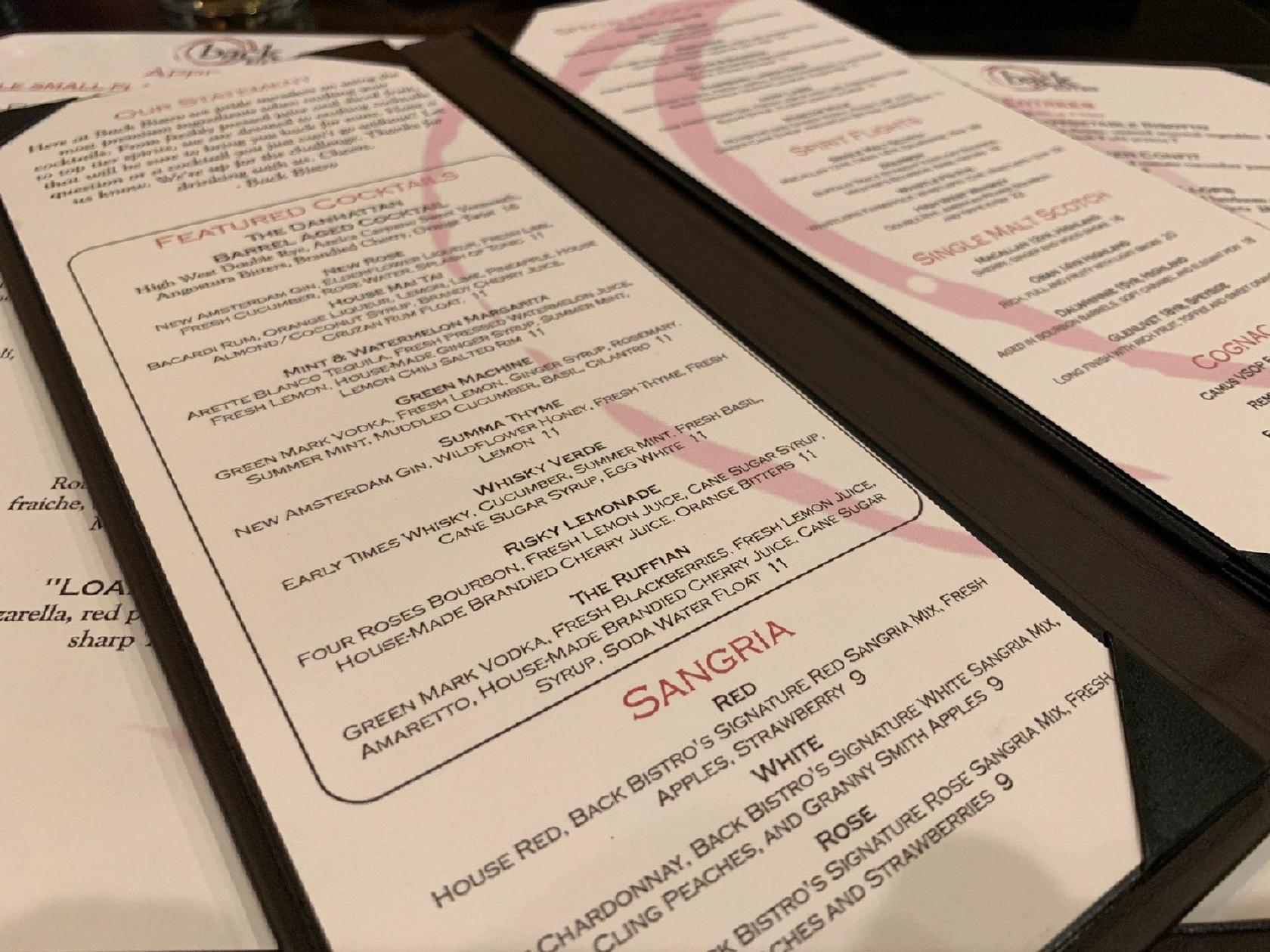 Menu at Back Bistro pub & bar, Folsom, 230 Palladio Pkwy Ste 1201